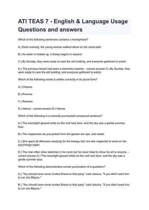 ATI TEAS 7 English Language Usage Questions And Answers ATI TEAS