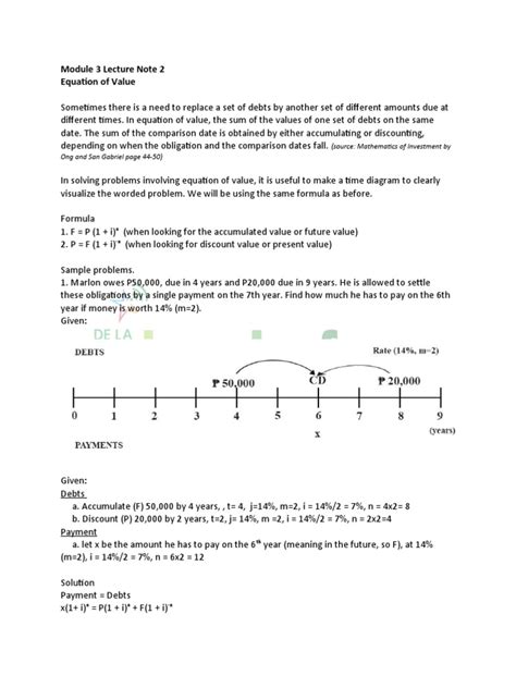 module 3 lecture note 2 equation of value source mathematics of investment by ong and san
