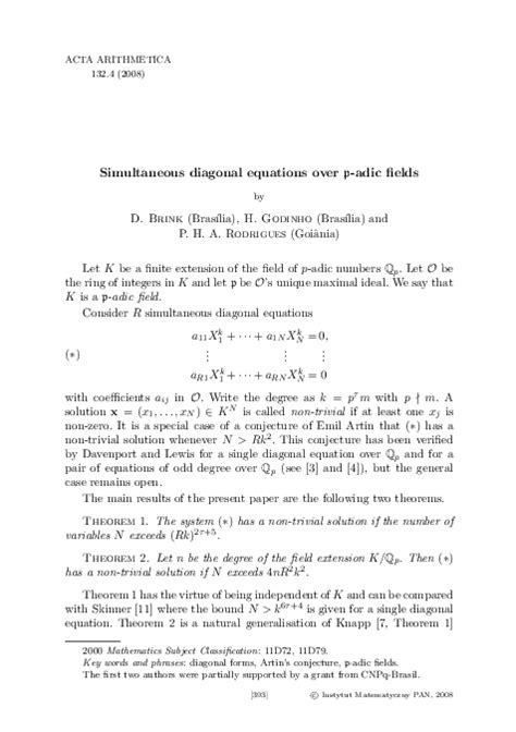pdf simultaneous diagonal equations over p adic fields hemar godinho