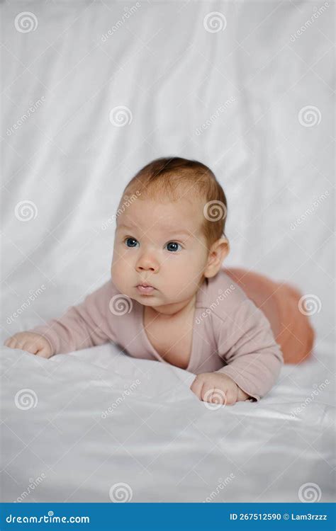 Portrait Of A Smiling Baby Lying On His Stomach Stock Photo Image Of