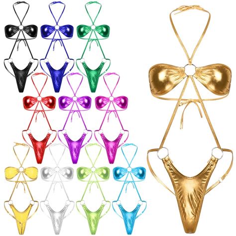 Womens One Piece Halter Swimsuit Shiny Metallic Backless Slingshot Teddy Bodysuit Wish