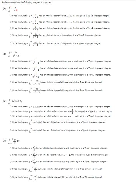 solved explain why each of the following integrals is
