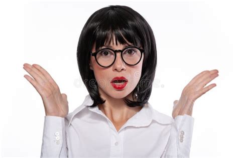 Black Haired Woman With Red Lips Wearing White Shirt Showing Emotions Of Bewilderment Or