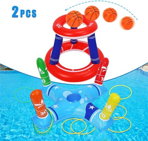 Inflatable Pool Toys Games Setfloating Swimming Basketball Hoop And Inflatable Pool Ring Toss