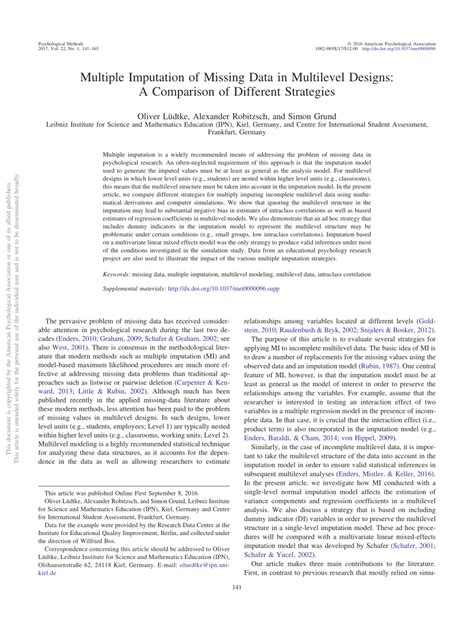 multiple imputation of missing data in multilevel designs a comparison of different strategies