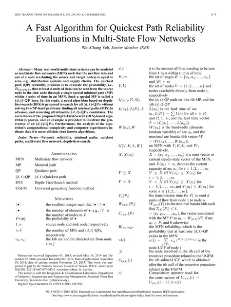 pdf a fast algorithm for quickest path reliability evaluations in multi state flow networks
