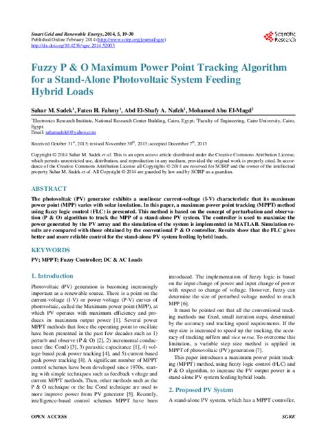 pdf fuzzy p and o maximum power point tracking algorithm for a stand alone photovoltaic system
