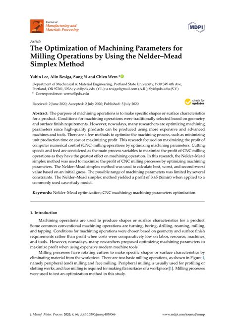 pdf the optimization of machining parameters for milling operations by using the nelder mead