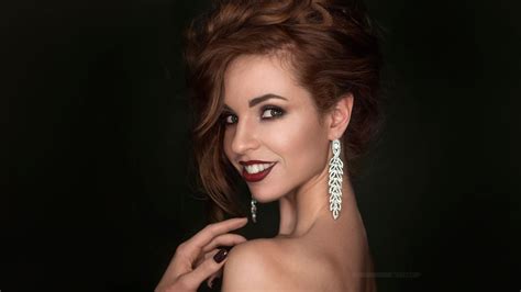 Smiling Women Dmitry Belyaev Make Up 720p Brunette Red Lipstick Glamour Portrait Hd