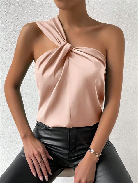 Shein Privé One Shoulder Twist Front Satin Blouse Shein Uk