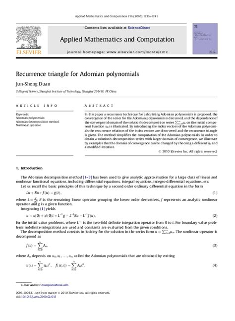 pdf recurrence triangle for adomian polynomials junsheng duan