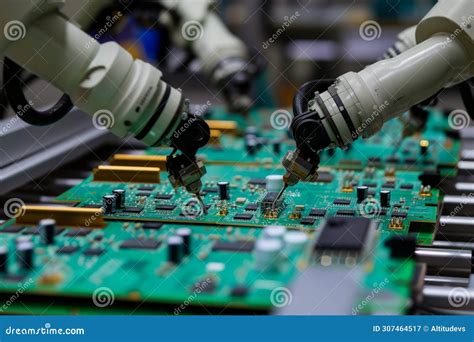Precision Robotic Arms Assembling Circuit Boards Stock Illustration
