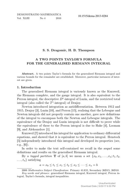 pdf a two points taylor s formula for the generalised riemann integral
