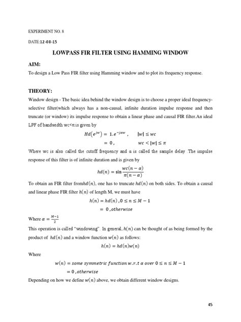 lowpass fir filter using hamming window pdf low pass filter filter signal processing