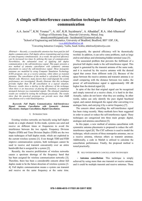 pdf a simple self interference cancellation technique for full duplex communication