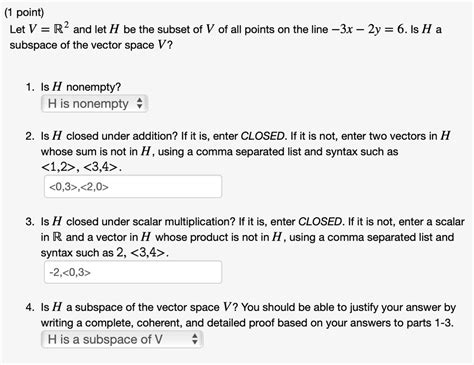 solved 1 point let v r2 and let h be the subset of v of all points on the line 3x 2y 6