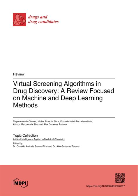 pdf virtual screening algorithms in drug discovery a review focused on machine and deep