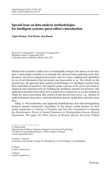 pdf special issue on data analysis methodologies for intelligent systems guest editor s
