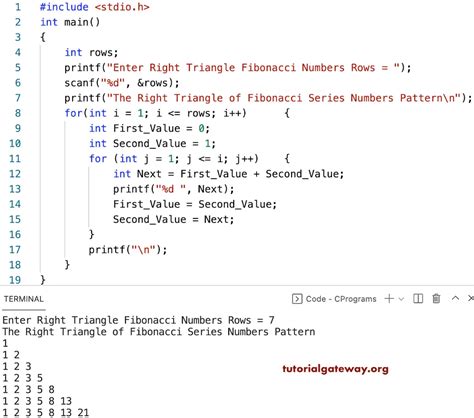 c program to print right triangle of fibonacci series numbers pattern