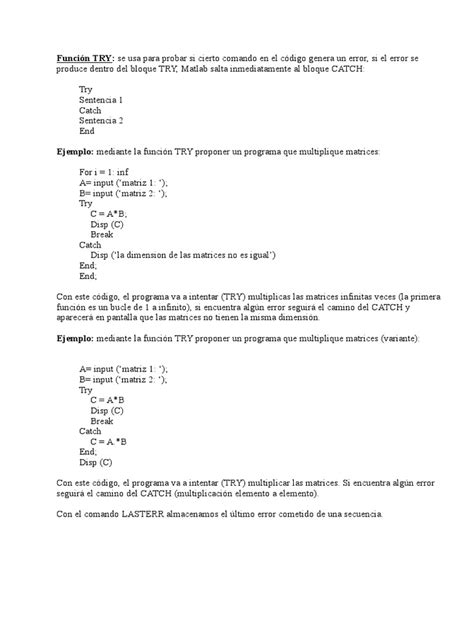 un programa para multiplicar matrices utilizando la función try en matlab pdf archivo de