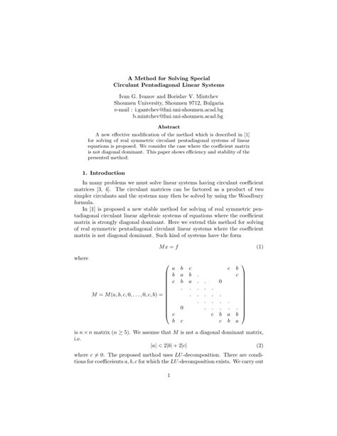 pdf a method for solving special circulant pentadiagonal linear systems
