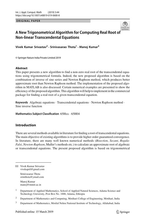 pdf a new trigonometrical algorithm for computing real root of non linear transcendental equations