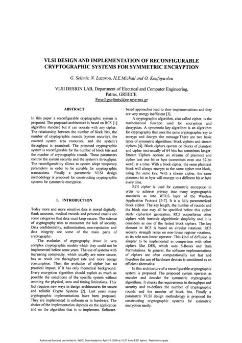 pdf vlsi design and implementation of reconfigurable cryptographic systems for symmetric