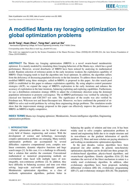 pdf a modified manta ray foraging optimization for global optimization problems