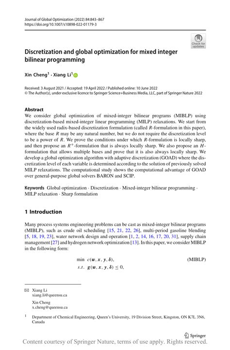discretization and global optimization for mixed integer bilinear programming request pdf
