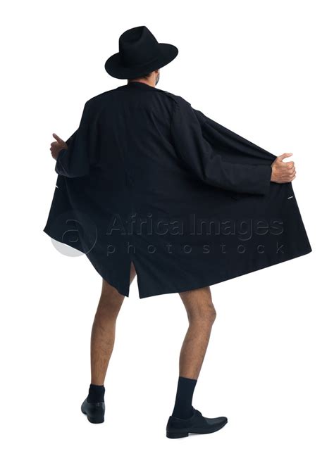 Exhibitionist Exposing Naked Body Under Coat Isolated On White Back