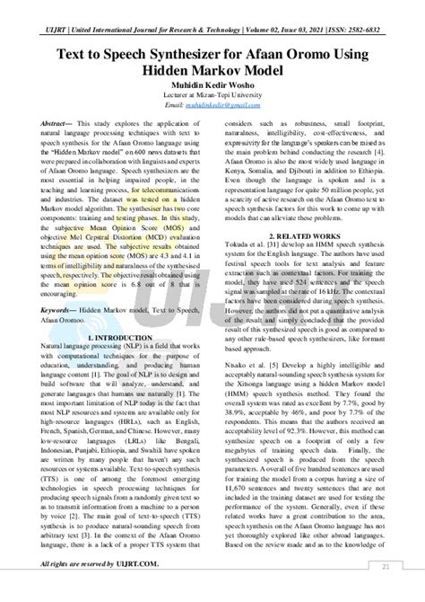pdf text to speech synthesizer for afaan oromo using hidden markov model uijrt united