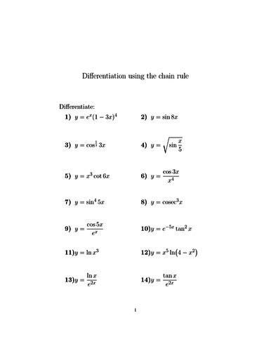 differentiation using the chain rule worksheet with detailed solutions teaching resources