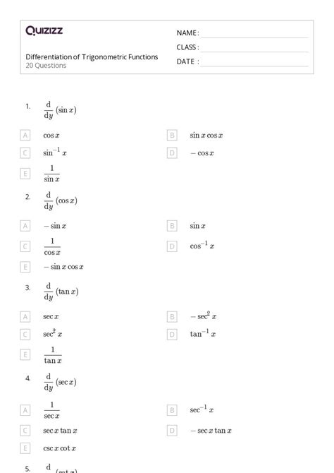 50 Second Derivatives Of Trigonometric Functions Worksheets For 11th