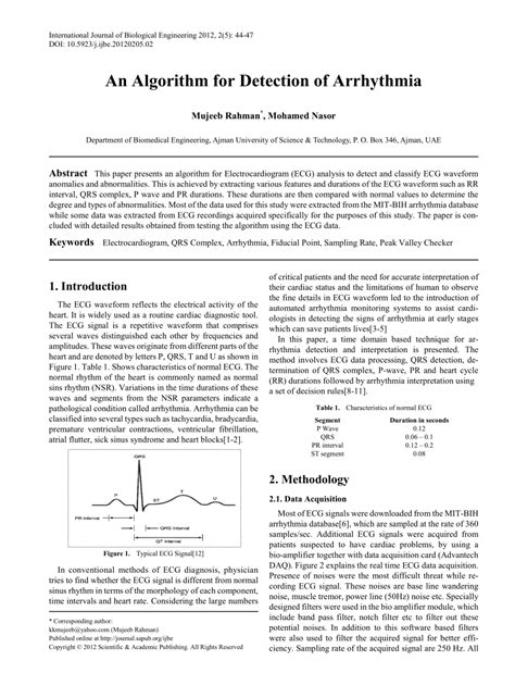 pdf an algorithm for detection of arrhythmia