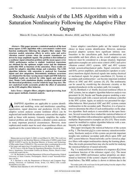 pdf stochastic analysis of the lms algorithm with a saturation nonlinearity following the