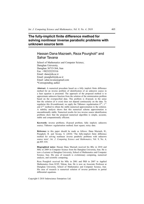 pdf the fully implicit finite difference method for solving nonlinear inverse parabolic