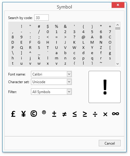 Symbol Dialog WPF Controls DevExpress Documentation