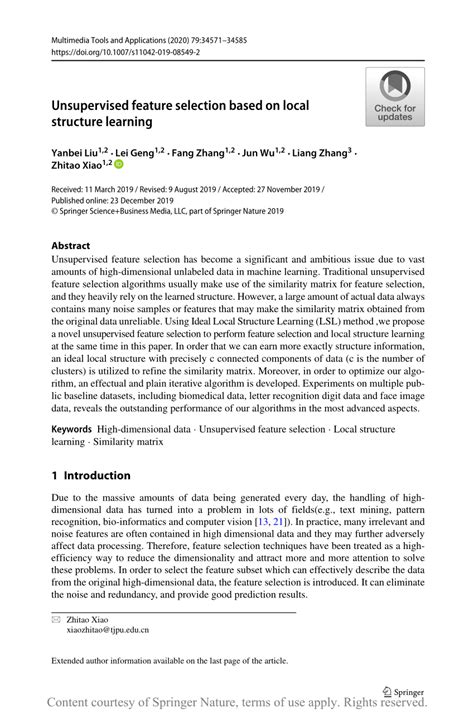 unsupervised feature selection based on local structure learning request pdf