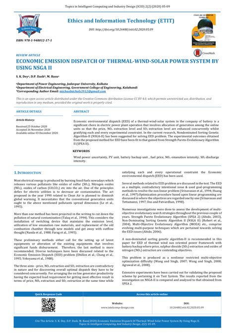 pdf economic emission dispatch of thermal wind solar power system by using nsga ii