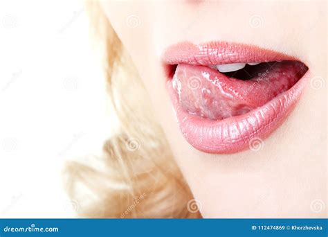Woman Licks Her Lips With Tongue Over White Stock Image Image Of