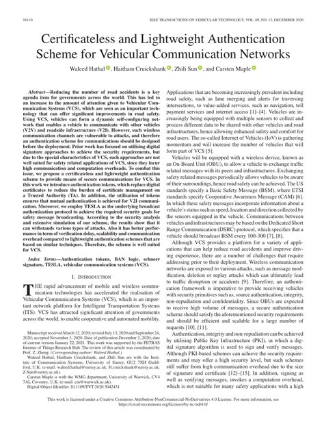 pdf a certificateless and lightweight authentication scheme for vehicular communication networks