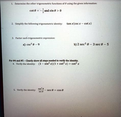 solved determine the other trigonometric functions of Î¸ using the given information cot Î