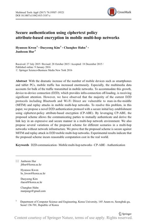 secure authentication using ciphertext policy attribute based encryption in mobile multi hop