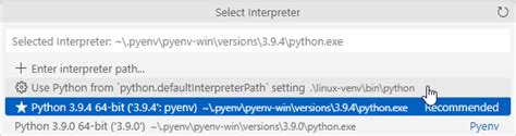 how to make unix python executable work in vs code via select interpreter on a windows machine