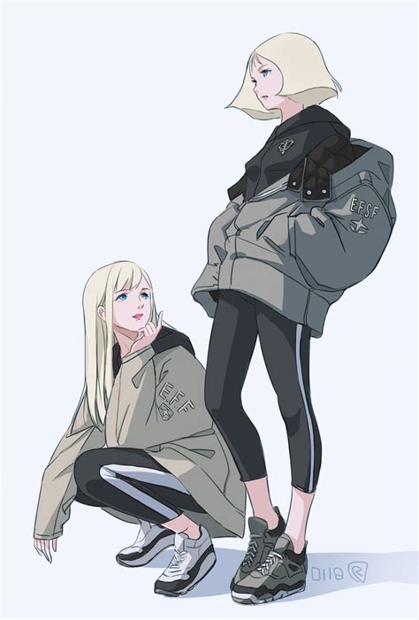 Safebooru 2girls Black Hoodie Black Legwear Breasts Gigi Andalusia Grey Jacket Gundam Gundam