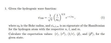 solved 1 given the hydrogenic wave function 1 1 3 2 v100