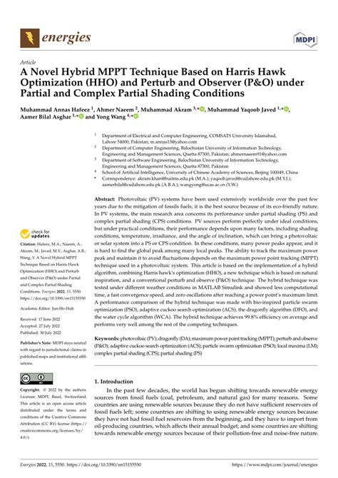 pdf a novel hybrid mppt technique based on harris hawk optimization hho and perturb and
