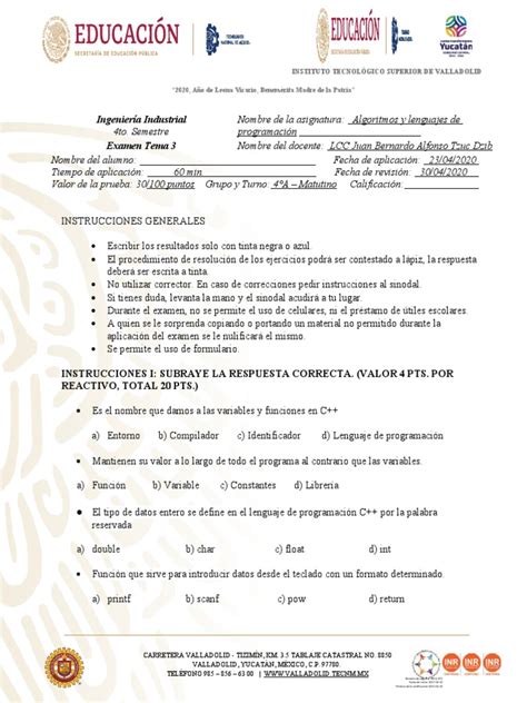 examen tema 3 algoritmos y lenguajes de programacion pdf lenguaje de programación