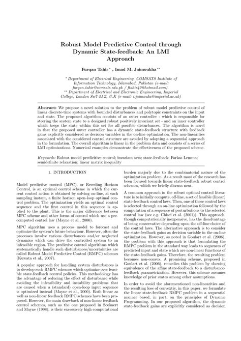 pdf robust model predictive control through dynamic state feedback an lmi approach