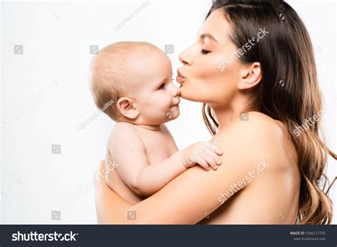Portrait Attractive Naked Mother Hugging Kissing Foto Stok 1596127735